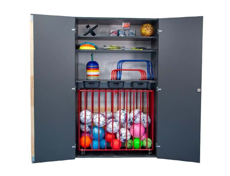 Rekvisitskab m boldvogn, hylder og skuffer - grå | BOEL