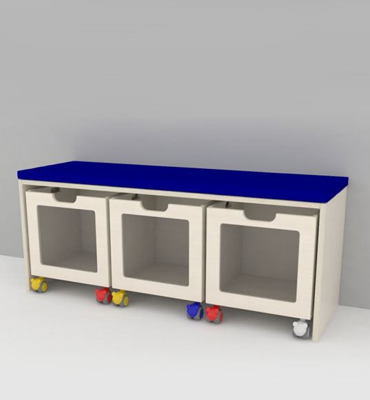 Kombineret bænk og reol, med hynde og kasser med hjul